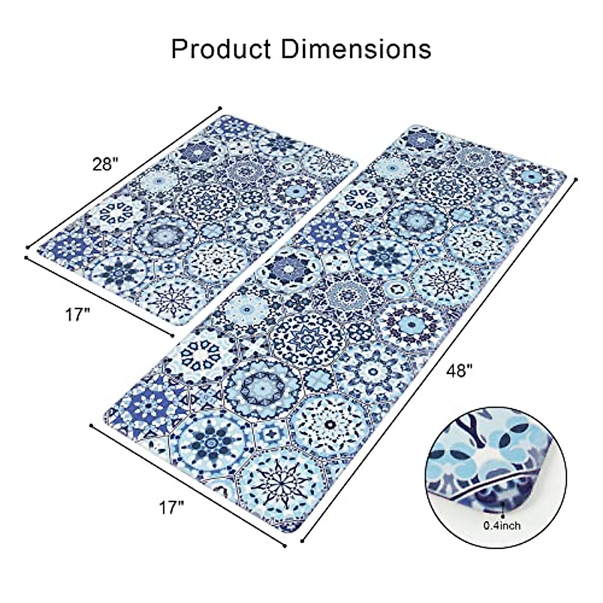 Crisjanggo 2PCS Kitchen Rugs and Mats, Blue Memory Foam Cushioned Anti Fatigue Comfort Floor Mat Non Slip PVC Waterproof Kitchen Carpet Set for Kitchen Laundry Sink 17"x48"+17"x28"
