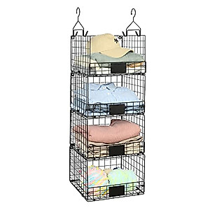 Jautokerdar 4 Tiers Hanging Closet Shelves-Clothes Haning Organizer with Name Plate S Hooks, Wall Mount&Cabinet Wire Storage Basket Bins, for Clothing Sweaters Shoes Handbags Clutches Accessories