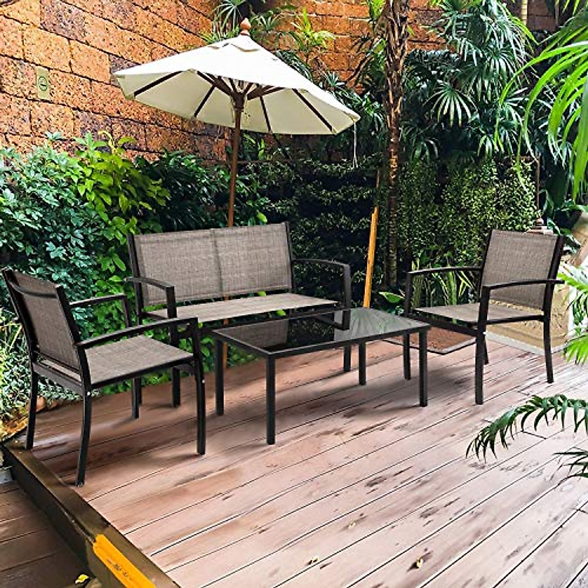 Tuoze 4 Pieces Outdoor Patio Furniture Set Conversation Set with Glass Coffee Table Bistro Set with Loveseat Garden Yard Lawn and Balcony (Brown)