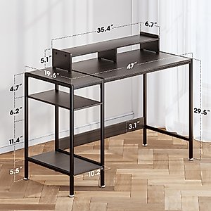 GZSHIYITECH 47”Gaming Desk/Computer Desk，Home Office Desk with Monitor Stand, Writing Desk for 2 Monitors,Desk Adjustable Storage Space, Firm and Practical Small Desk，Modern Design Corner Desk（Black