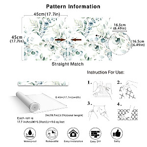 HAOKHOME Peel and Stick Wallpaper Boho Green/White Eucalyptus Leaf Floral Wall Mural Home Nursery Decor Renter Friendly Wallpaper 17.7in x 78.7in
