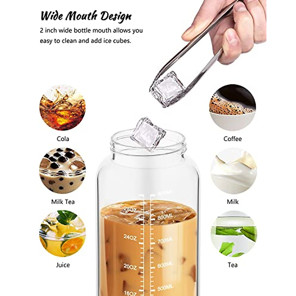 Nefeeko 32 oz Glass Water Bottles with Straw, Motivational Glass Water Bottle with Time Marker, 1 Liter BPA FREE Leakproof Reusable Glass Water Bottle with Silicone Sleeve, Bamboo Lid, Spout Lid