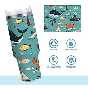 Burbuja Cute Marine Animals 40oz Insulated Tumblers with Handle and Straw Lid, Double Wall Stainless Steel Travel Mug Leak-Proof, BPA Free, Gift for Mom Dad