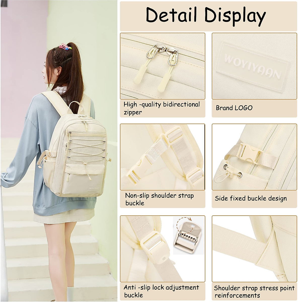 Laptop Backpack for Women Girls 15.6 Inch Mesh School Bag, Unisex Student Bookbag Waterproof Backpack for College Work Travel (Khaki)