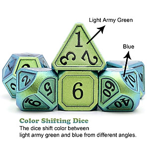 Haxtec Chameleon Metal DND Dice Set Color Changing D&D Polyhedral Dice for Dungeons and Dragons Gifts TTRPG-Light Army Green Blue Shift Black Numbers