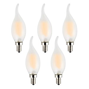 OPALRAY C35 2W(25W Incandescent Equivalent) LED Candelabra Bulb, Dimmable, LED Filament Lamp, Warm White Light 2700K, Frosted Glass Cover, E12 Small Base, Flame Tip, 5-Pack