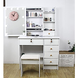 Saicheng White Makeup Vanity Set with Sliding Lighted Mirror ,Dressing Table with 5 Storage Drawers Shelves , Dresser Desk & Cushioned Stool Set for Bedroom