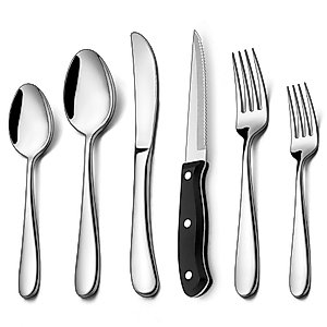 24-Piece Heavy Duty Silverware Set for 4, LIANYU Fancy Stainless Steel Flatware Set with Steak Knives, Thick Cutlery Eating Utensils Include Forks Knives Spoons, Mirror Finished, Dishwasher Safe