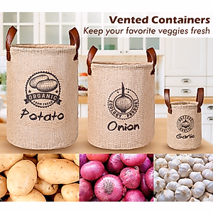 Kamehame Potato and Onion Storage Baskets Pack of 3, Lined Burlap Pantry Storage Bins for Potato Onion Garlic with Handles