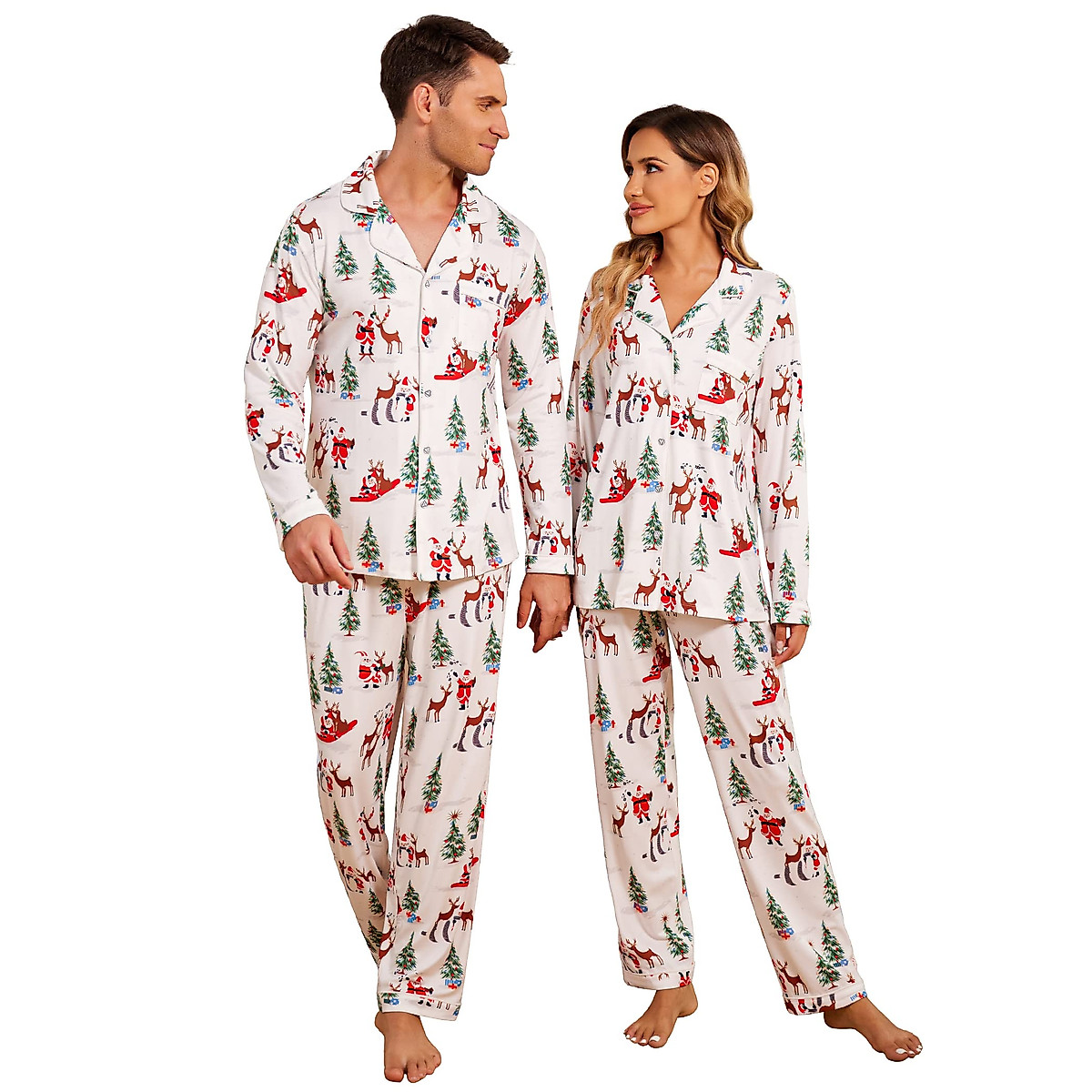 Ekouaer Christmas Family Matching Pajamas Long Sleeve Button Down Pj Set Festival Party Sleepwear,White Pattern,Women,L