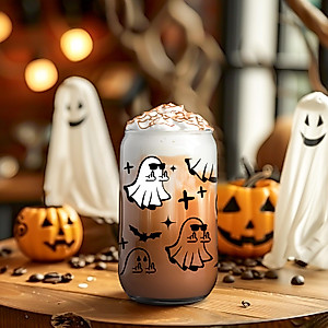 GSPY Halloween Ghost Glass Cups with Lids & Straws - Cute Spooky Iced Coffee Cup, 16 oz Middle Finger Ghost Bat Tumbler Fall Mug, Funny Halloween Gifts, Boo Basket Stuffers for Her Women Adults