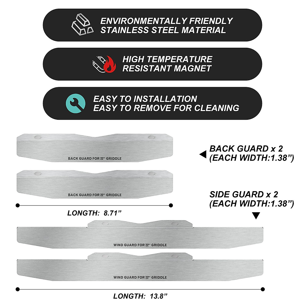 Upgraded Wind Guards for Blackstone 22" Griddle, Grill Accessories for Griddle Grill and Camping, Stainless Steel Magnetic Wind Screen Protect Flame Hold Heat, Compatible with Hood and Side Shelf