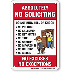 SmartSign 10 x 7 inch “Absolutely No Soliciting - Do Not Ring Bell Or Knock” Metal Sign with Graphic, 40 mil Aluminum, 3M Laminated Engineer Grade Reflective Material, Multicolor
