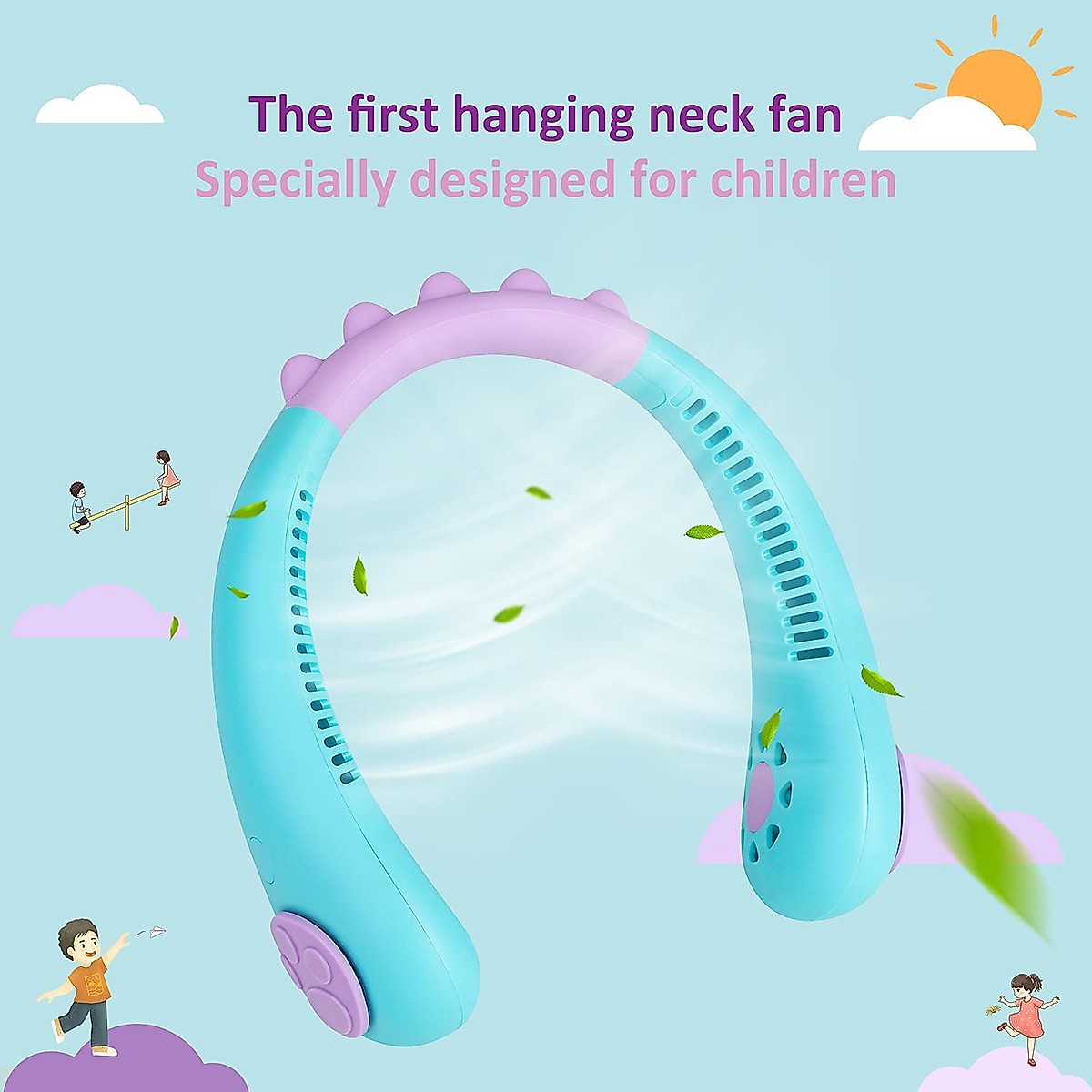 ICEBIRDS Portable Neck Fan for Kids 2021 New Bladeless Fan, USB Rechargeable Battery Operated Hanging Personal Mini Fan，Cartoon Headphone Design, Wearable Creative Leafless Fan，3 Speeds-Dinosaur Cyan