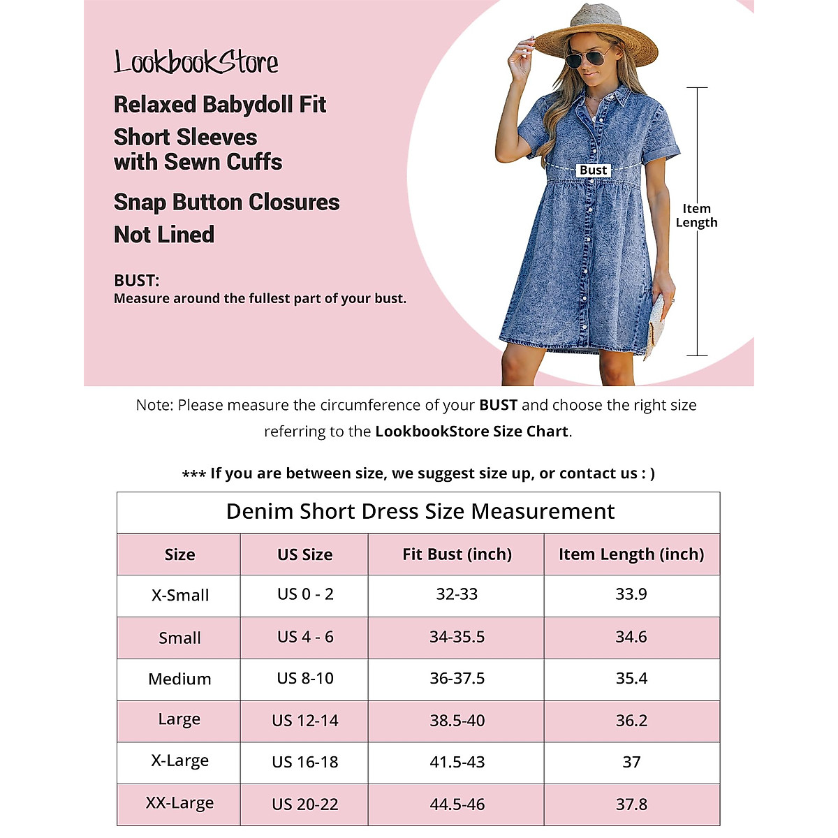 LookbookStore Denim Dress Womens Denim Babydoll Dress Short Sleeve Oversized Dress Lapel Collared Casual Dress for Women Summer Reef Blue Size L Babydoll Jean Dress Size 12, 14
