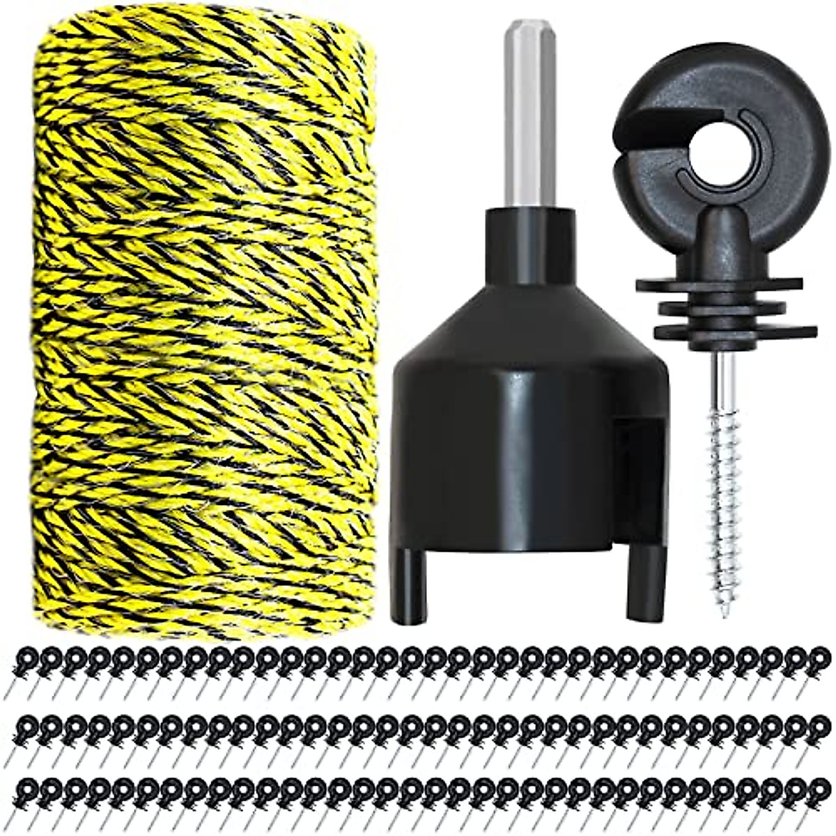 Upgraded Electric Fence Poly Wire 660 Feet 200 Meters 1/8" Dia Portable Electric Fencing Polywires and 100 Pcs Black Electric Fence Insulator