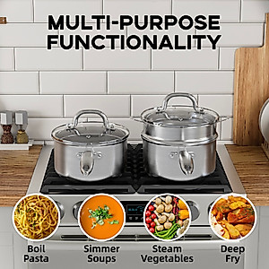 Leetaltree 1.5 Quart Stainless Steel Saucepan with Steamer Basket, Tri-ply Construction, Multipurpose Sauce Pan with Double-sized Drainage Lid - Perfect for Cooking Gravies, Pasta, Vegetable and More