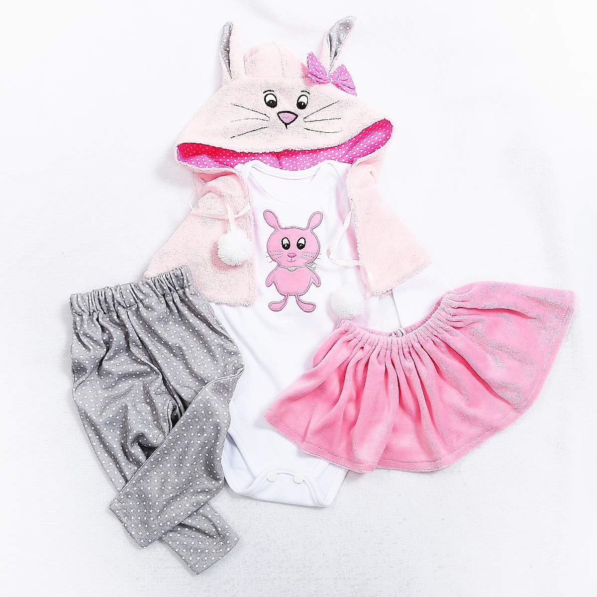 Reborn Baby Doll Clothes fit 16-18 Inch Reborn Dolls Girl Cute Pink Rabbit Thick Coat Dolls Clothes Outfits Set 4 Pieces of Pack