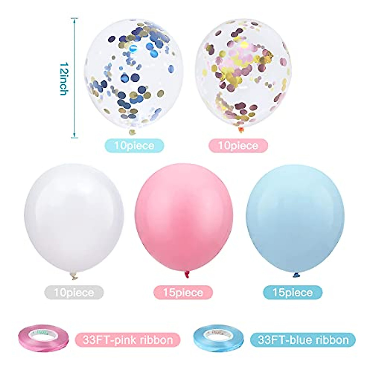 Gender Reveal Pink Blue Balloons - 60 Pack 12 Inch Pink and Blue Confetti Latex Party Balloons Arch Kit Pastel Balloons for Baby Shower Wedding Birthday Party Decoration - with 33ft Ribbon