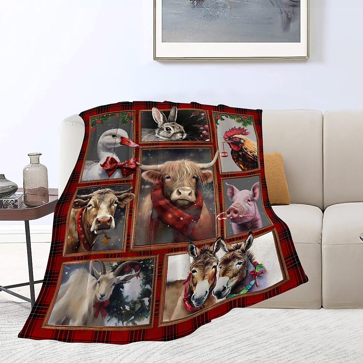 Christmas Blanket Highland Cow Farm Animal Throw Blanket Ultra Soft Cozy Fleece Goat Chicken Goose Duck Pig Donkey Gift Fuzzy Plush Bedding Blankets for Kids Adult Girls Boys Women Men 50"x40"