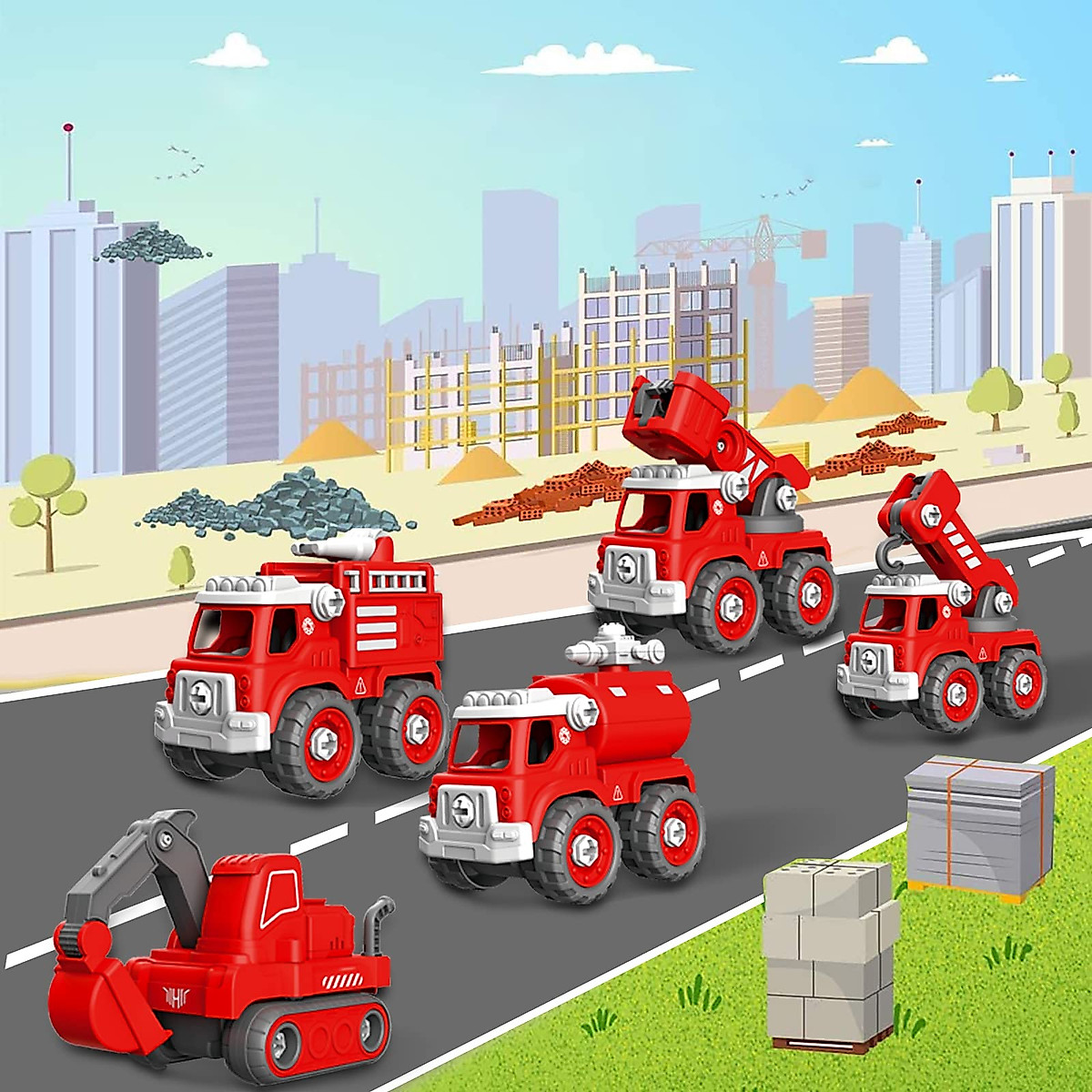 Fire Truck Toy for Boys Take Apart Robot Toys 5 in 1 Transform Robot Car Set, Firetruck Construction Vehicles Sets Building Robot Toys Kits with Drill Light and Music Gift for Boys Girls Ages 3-8