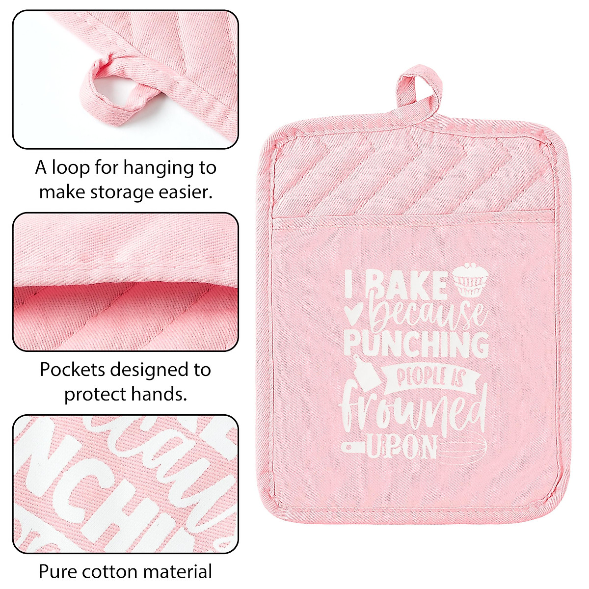 GROBRO7 6Pcs Cotton Oven Mitts Pot Holders Funny Women Resistant Hot Pads Machine Washable Microwave Gloves with Hanging Loop Pocket Potholder for Kitchen Baking Cooking GrillingPink