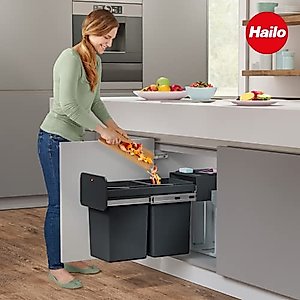 Hailo Ecoline Design L | Built-in Pull-Out Waste Separation System | 2 x 14 L / 2 x 3.7 gal Recycling Trash can (Black) | Removable Bins Made from 100% Recycled Plastic