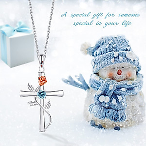 BlingGem Cross Necklaces for Women 925 Sterling Silver March Birthstone Pendant Necklaces for Women 5A Cubic Zirconia Anniversary Jewelry Birthday Mothers Gift for Women Mom Wife