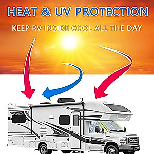 Big Hippo Windshield Cover RV Window Sunshade Cover for Class C Ford E450 1997-2022 Motorhome, UV Block Offer Complete Privacy with Reflective Strips RV Accessories 4 Layers with Mirror Cutouts Silver