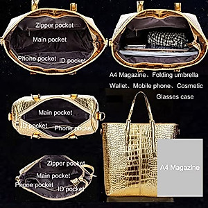 XingChen 3-PC Women PU Handbag+Shoulder Bag+Clutch Crocodile Pattern Top Handle Fashion Satchel Tote Purse Gold