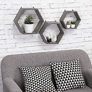 MyGift Rustic Gray Wood Hanging Shadow Boxes Display Case Wall Shelves with Hexagonal Shape, Set of 3