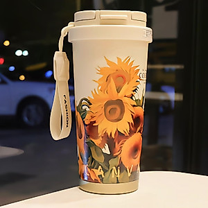18 oz Coffee Travel Mug with Straw & Flip Lid, Sunflower Tumbler Cup, Double Wall Stainless Steel Vacuum Insulated Tumbler Cup