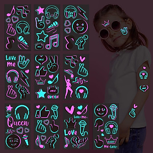 Konsait Glow in The Dark Temporary Tattoos for Kids Adults,10 Sheet Neon Music Party Body Face Tattoos Waterproof Fake Tattoos Stickers for Boys Girls Women Birthday Gifts Glow Party Favor Supplies
