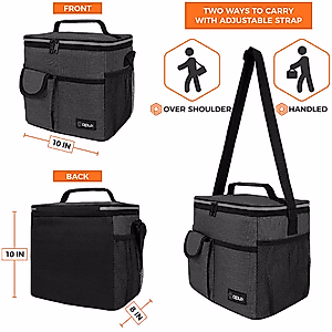 opux Large Insulated Lunch Bag for Men Women, Leakproof Thermal Lunch Box Work School, Soft Lunch Cooler Tote Bag with Shoulder Strap for Adult Kid, Boy, Girl, Reusable Lunch Pail, Dark Gray