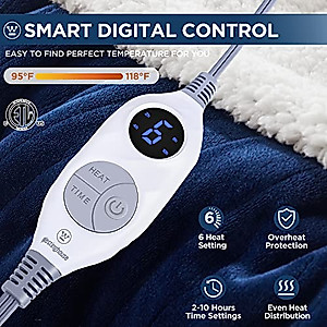 Westinghouse Electric Blanket Throw Heated Blanket with 6 Heating Levels and 2-10 Hours Time Settings, Flannel to Sherpa Super Cozy Heated Blanket Machine Washable, 50x60 inch, Navy