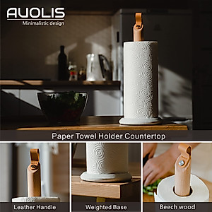 Paper Towel Holder Countertop - Auolis Wooden Paper Towel Rack - Stand Kitchen Accessories Paper Towels Rolls Dispenser with Leather Handle & Cement Base ,for Bathroom and Farmhouse(White)