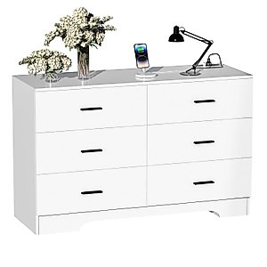 FJTJBSI Dresser with Power Outlets Wooden 6 Drawer Dresser with USB and Type C Port Chest of Drawers for Bedroom Tall White Dresser Storage for Living Room Hallway Closet