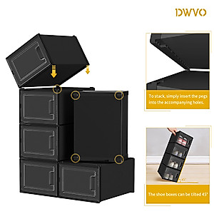 DWVO XX-Large 18 Pack Shoe Storage Organizer, Fit up to US Size 15, Clear Plastic Stackable Shoe Box for Closet, Folding Shoe Rack Sneaker Containers (Black, XX-Large)