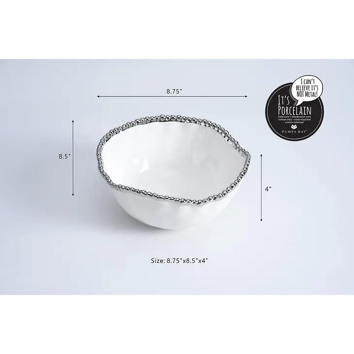 Pampa Bay Salerno Porcelain Salad Serving Bowl with Titanium-Plated Beaded Rim, Medium, White/Silver
