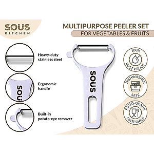 Sous Kitchen Veggie Peeler Julienne Peeler & Fruit Peeler Set of 3 - Vegetable Peelers for Kitchen - Potatoes Peeler With Sharp Peeler Blades - Speed Peeler With Ergonomic Handles & Swivel Blades