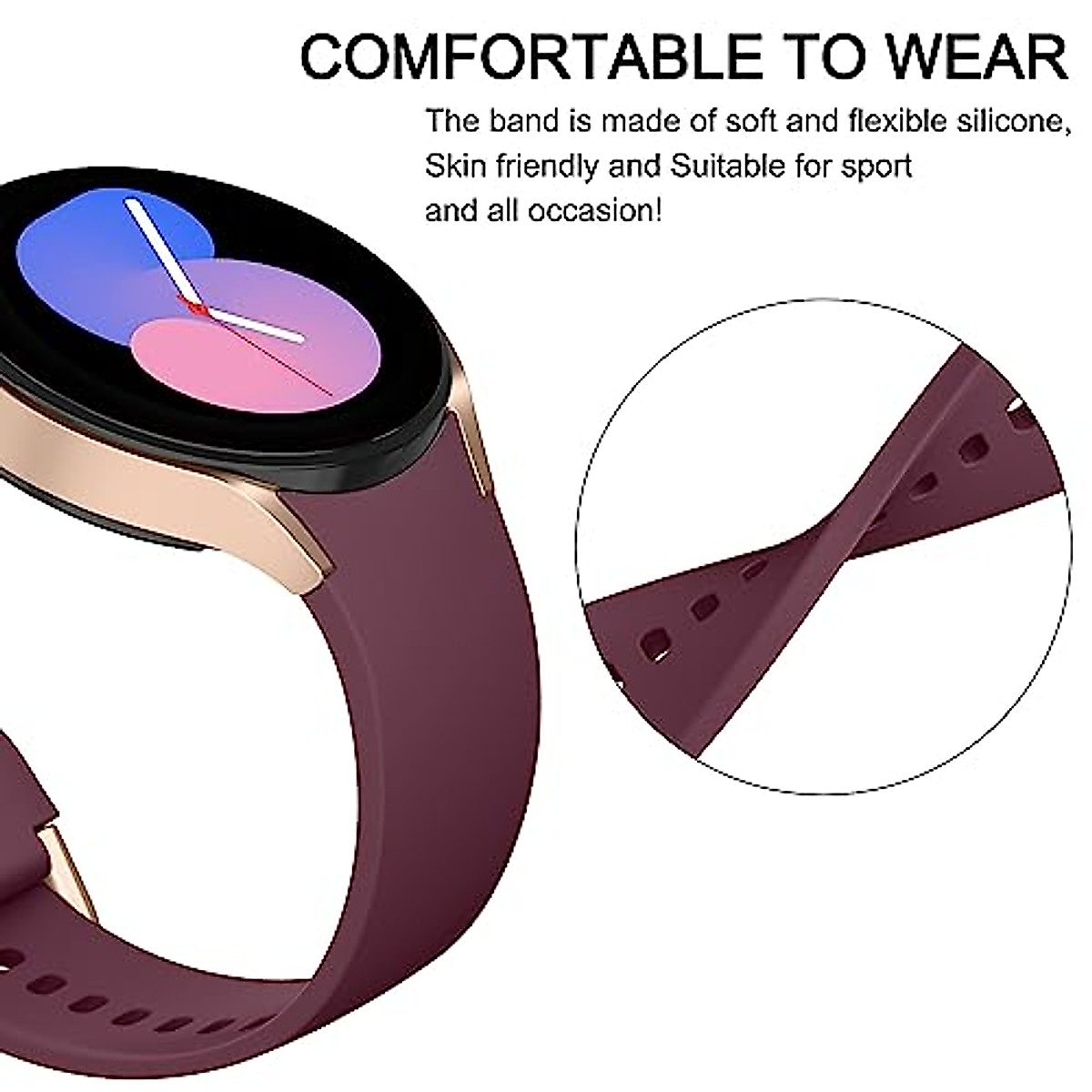 Vancle Bands Compatible with Samsung Galaxy Watch 4 / Galaxy Watch 5 Band 40mm 44mm, Galaxy Watch 4 Classic Bands 42mm 46mm, Galaxy Watch 5 Pro 45mm, 20mm Soft Silicone Sport Strap for Women Men (Wine