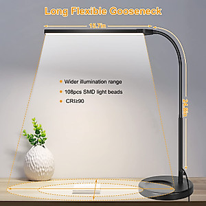 NAKOOS LED Desk Lamp with Clamp & Round Base, Eye Caring Table Lamp with Flexible Gooseneck, Touch Control 3 Color Modes, 10 Brightness Levels, Desk Light for Home Office 12W
