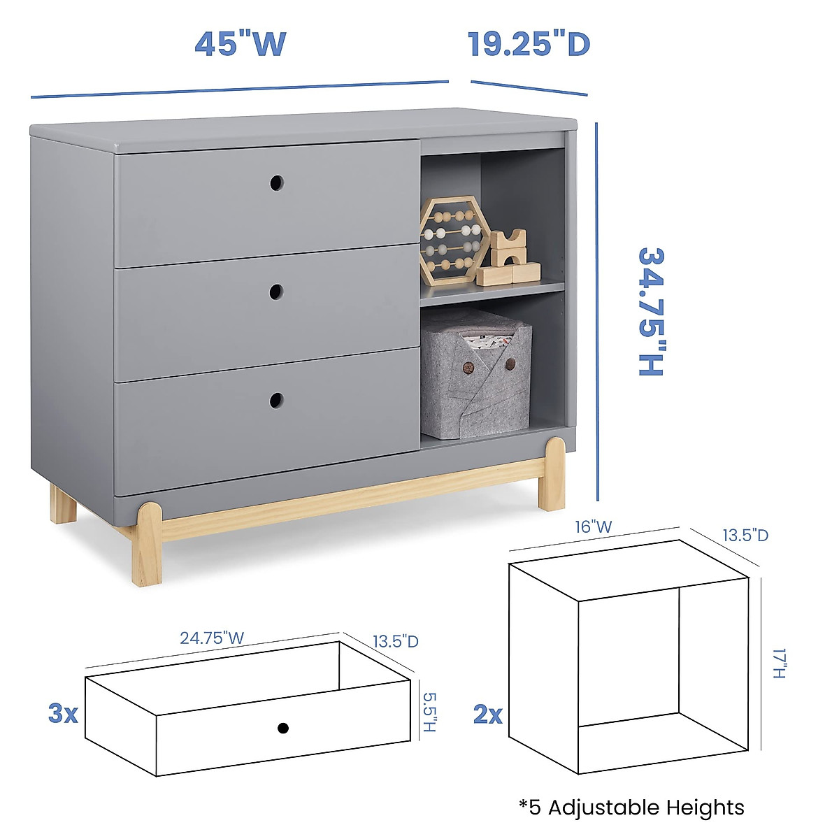 Delta Children Poppy 3 Drawer Dresser with Cubbies, Grey/Natural
