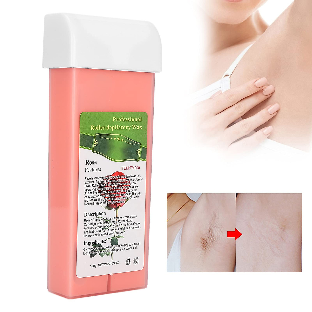 Roll-On Wax Cartridge for Hair Removal 100g Roller Depilatory Wax for Body Legs Arms Armpit Bikini Hair Removal Professional or Home Uses(Rose)