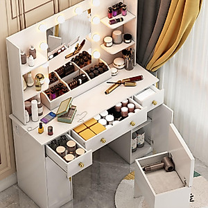 HUANLEGO Vanity Desk with Mirror and Lights, Makeup Vanity with Charging Station & Vanity Stool, 3 Drawers and Cabinets White Vanity Mirror with RGB LED Lights Vanity Desk and Chair for Women