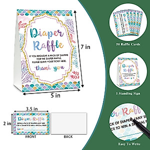Diaper Raffle Baby Shower Game Set(1 Standing Sign + 50 Guessing Cards), Mermaid Theme Diaper Raffle Tickets for Baby Shower, Under The Sea Baby Shower Party Favor Decor - B16