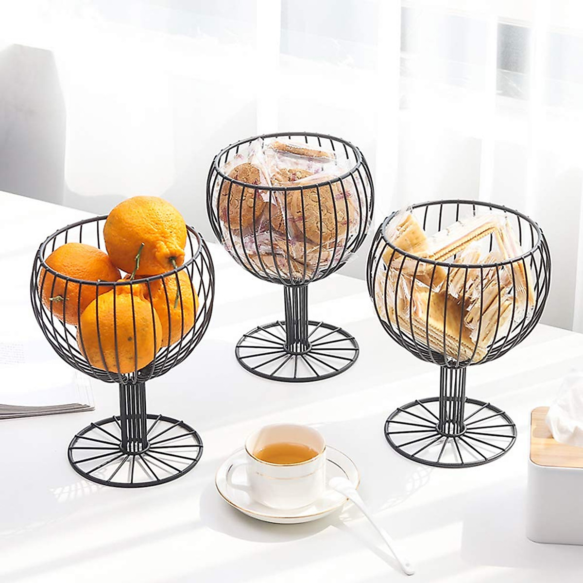 MAYITBE Wine Glass Decor Fruit Basket Round Tiered Wire Basket Snacks Candy Storage Fruit Container Basket Vegetable Rack Wine Glass Cork Holder Restaurant Decor(Black A)
