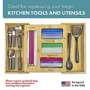 Ziplock Bag Organizer for Drawer, 6-in-1 Expandable Plastic Bag Organizer, Ziploc Bag Organizer, Baggie Organizer, Sandwich Bag Organizer, Foil & Plastic Wrap Organizer, Bamboo Food Storage Bag