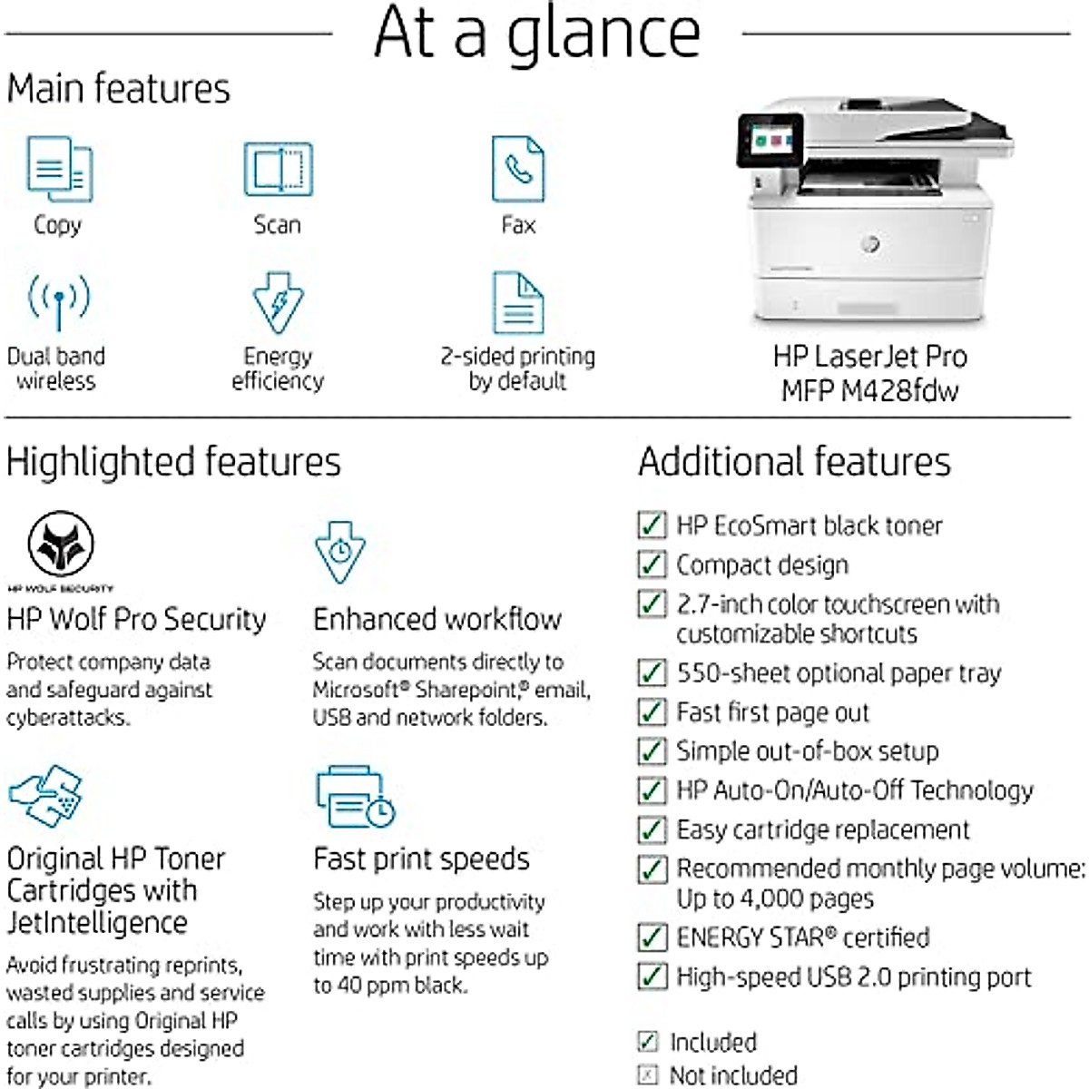 HP Laserjet Pro MFP M428fdw All-in-One Wireless Monochrome Laser Printer, White - Print Scan Copy Fax - 40 ppm, 1200 x 1200 dpi, Auto Duplex Printing, 50-Sheet ADF, Ethernet, Cbmoun Printer_Cable