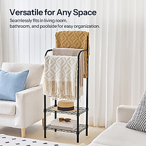 HOOBRO 48" Tall Free Standing Towel Rack for Bathroom, 3 Tier Blanket Rack with 2 Adjustable Shelves, Pool Towel Drying and Display Rack, Quilt Rack, for Living Room, Bedroom, Outdoor, Black BK23LB01